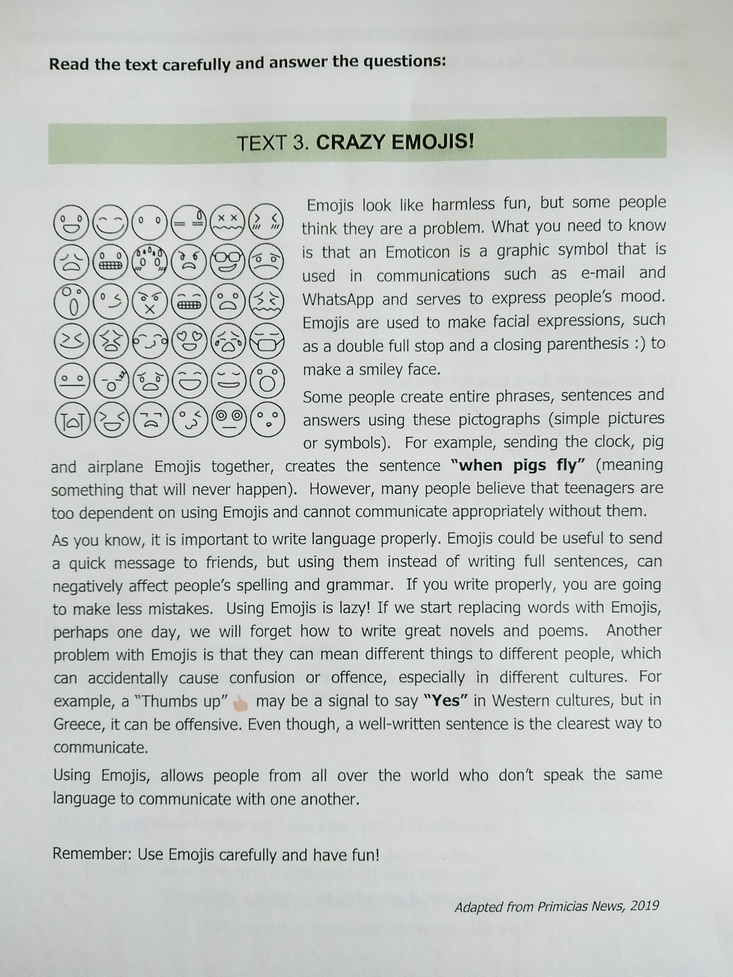 CRAZY EMOJIS READING COMPREHENSION